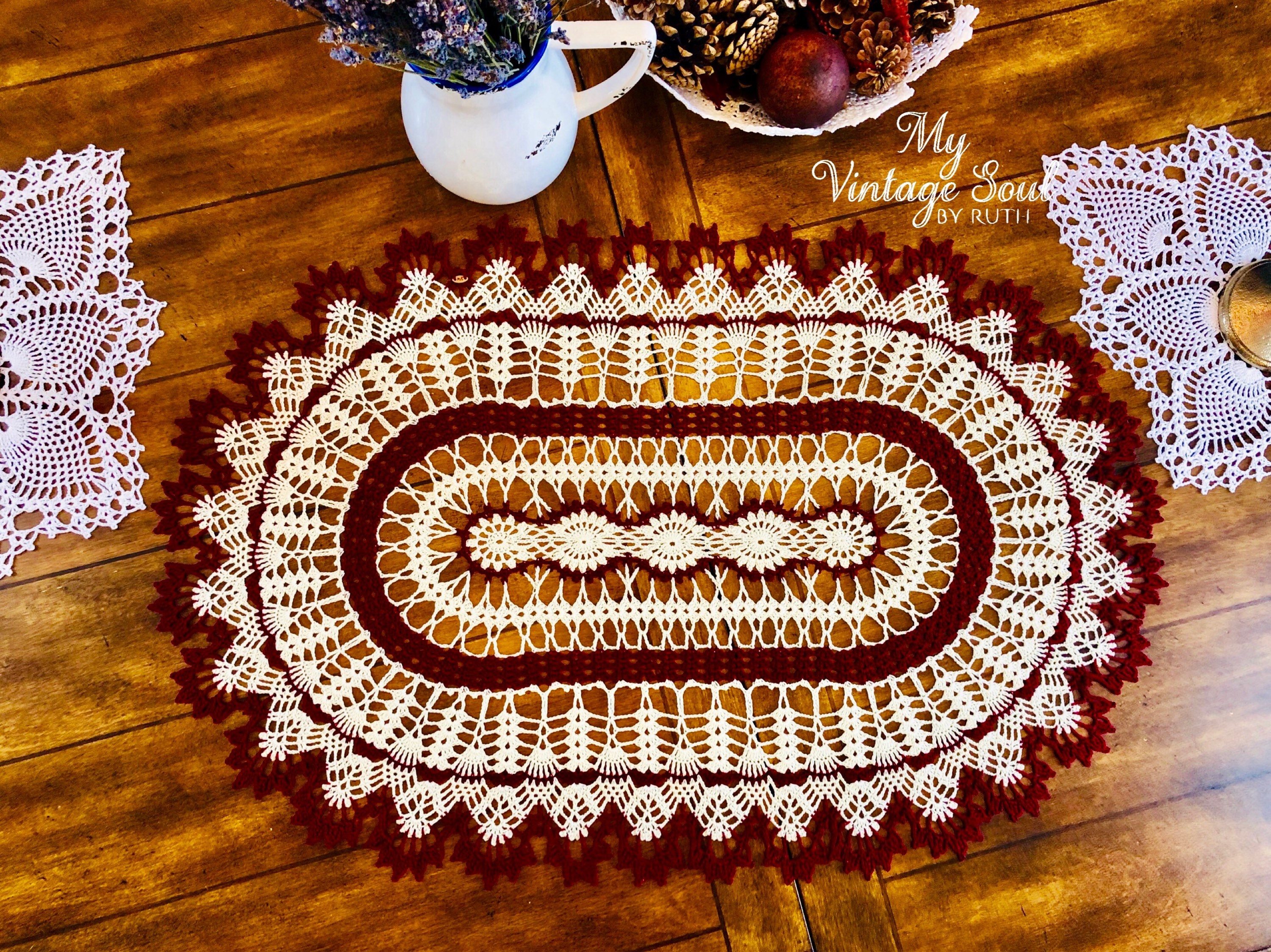 Burgundy and Cream Lace Doily - Farmhouse Decor - Oval Table Doily ...