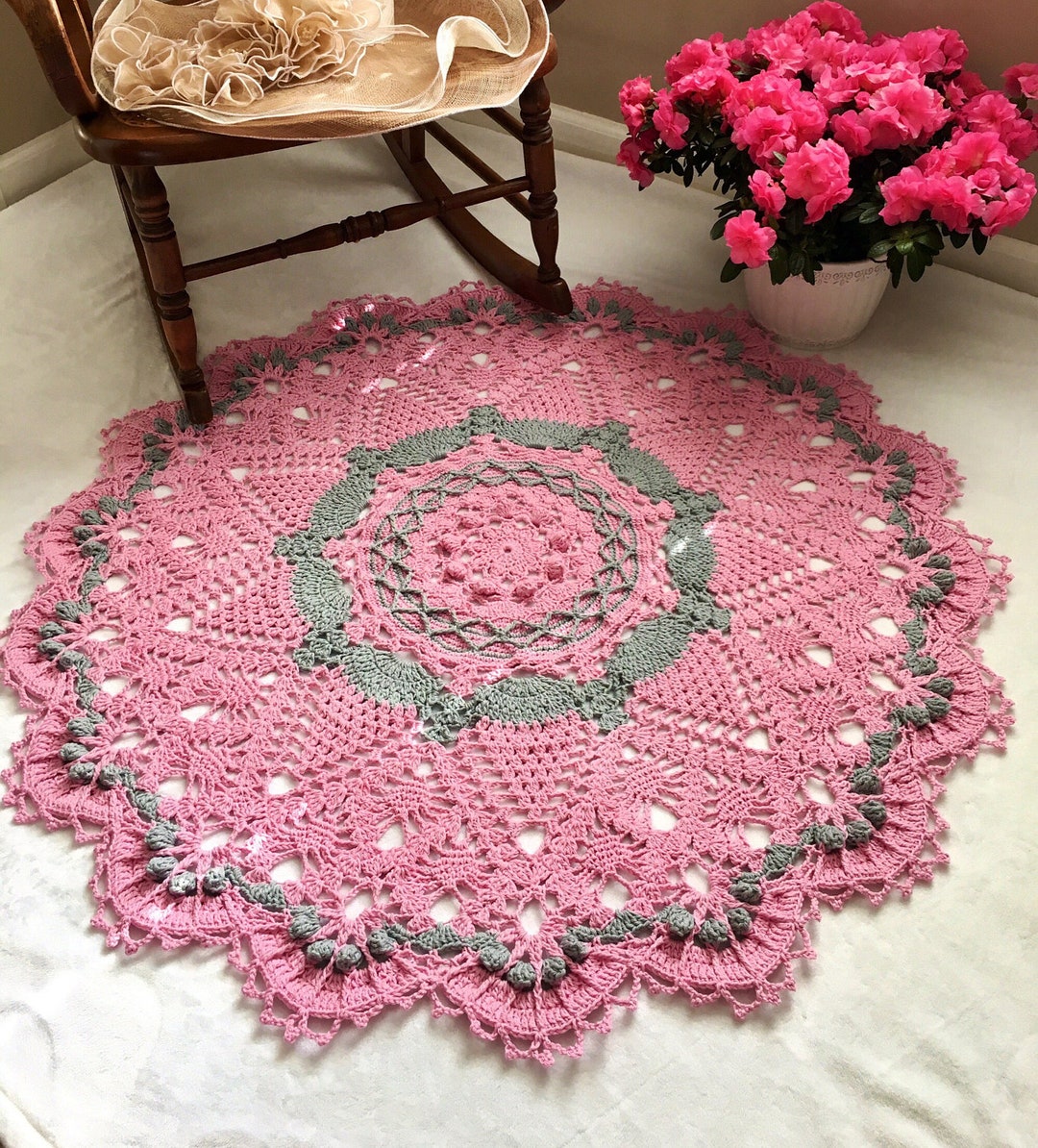 Pink and Gray Doily Rug | Nursery Room Decor | Cute Area Rug | Crochet ...