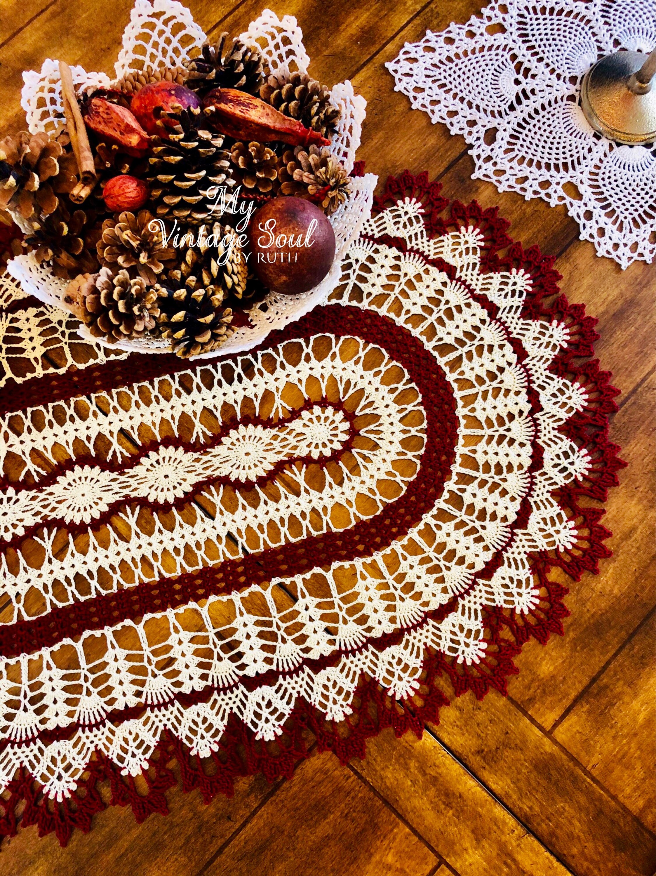 Burgundy and Cream Lace Doily - Farmhouse Decor - Oval Table Doily ...