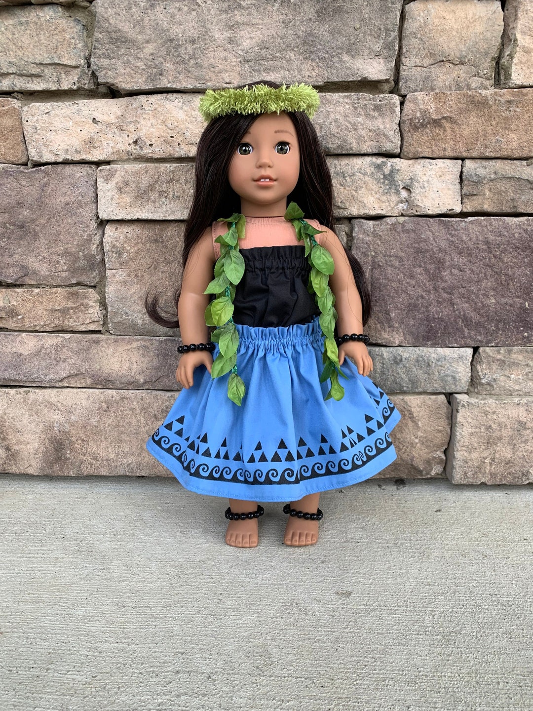 Hawaiian Doll Hula Outfit Hand-stenciled Blue Tribal Skirt With Black ...