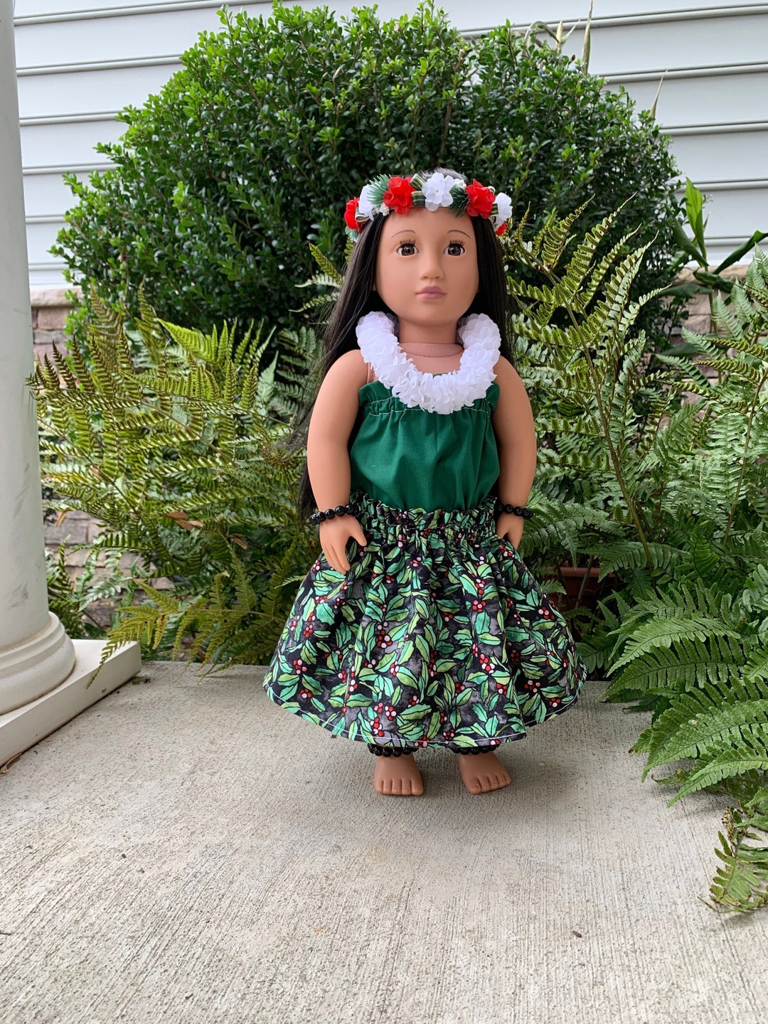 SALE! Hawaiian Doll Hula Outfit - Holly Berries With Dark Green Top (2 ...
