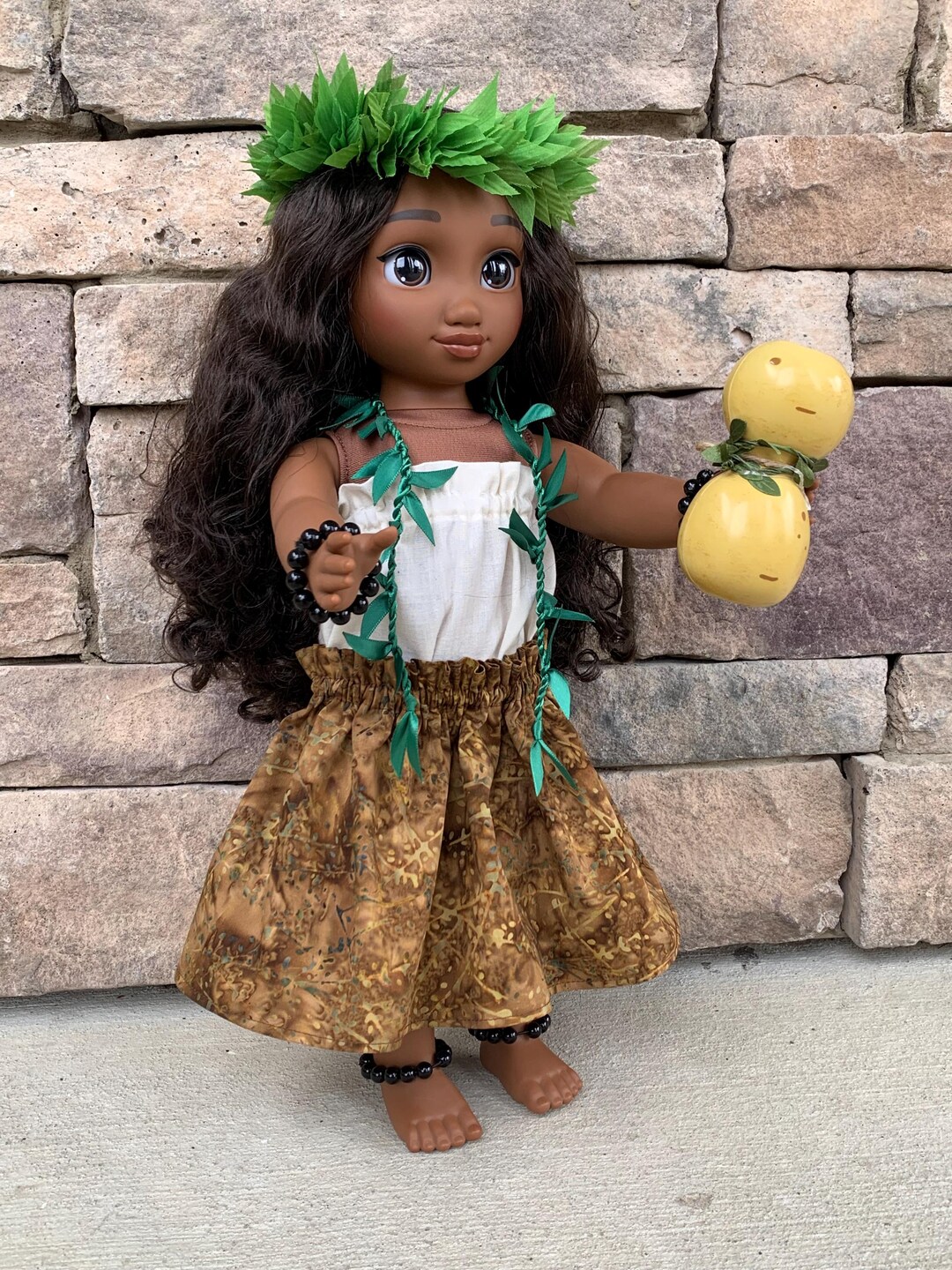 Hawaiian Doll Hula Outfit - Brown Batik Skirt and Muslin Top (2 Pieces ...