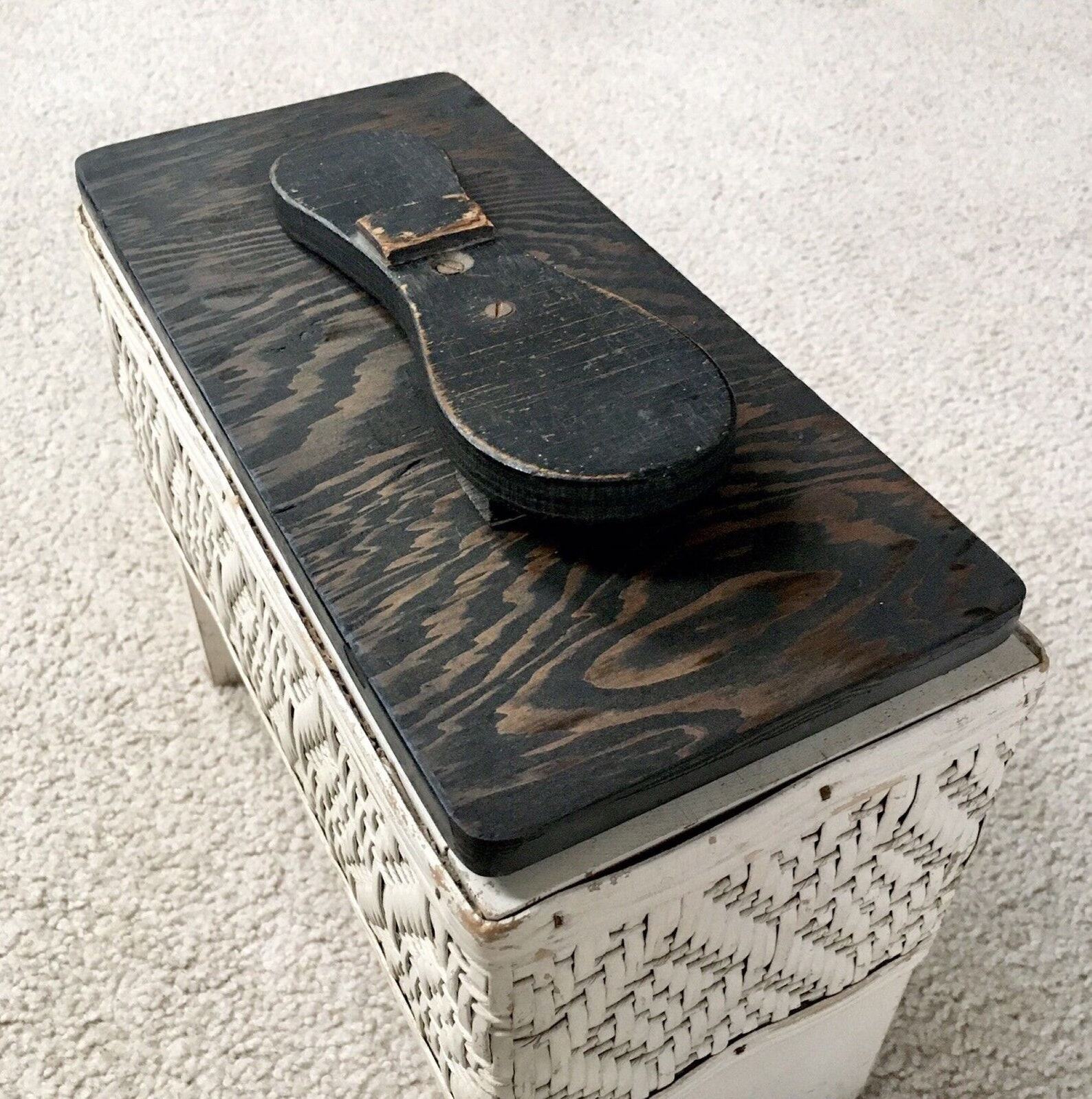 Vintage 1950s Wicker Shoe Shine Box With Wood Foot Stand and Brushes ...