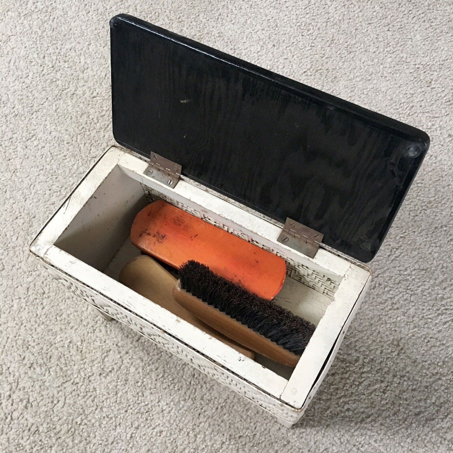 Vintage 1950s Wicker Shoe Shine Box With Wood Foot Stand and Brushes ...