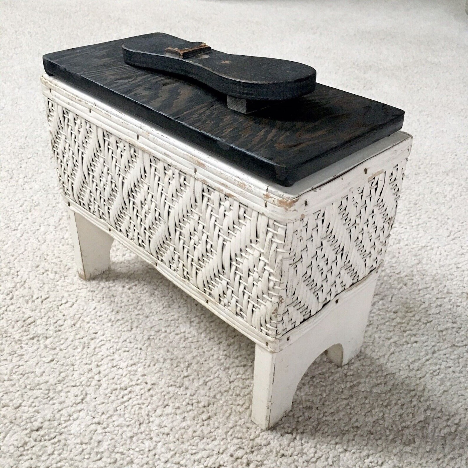 Vintage 1950s Wicker Shoe Shine Box With Wood Foot Stand and Brushes ...