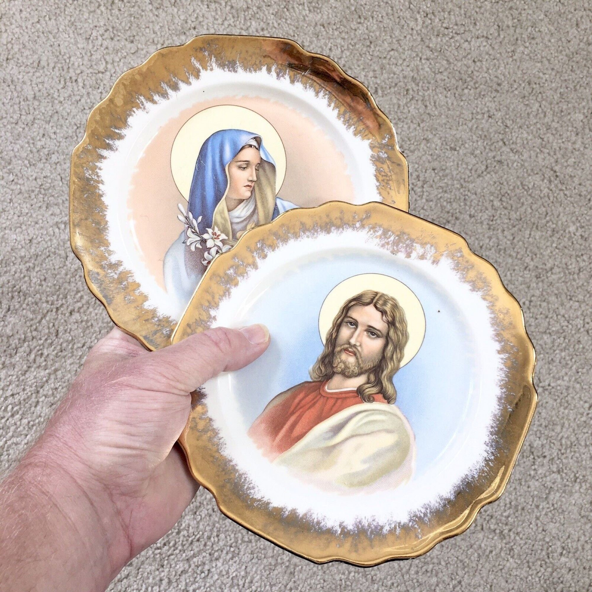 Vintage 1950s Sacred Heart of Jesus / Virgin Mary Porcelain Plates 22 K ...