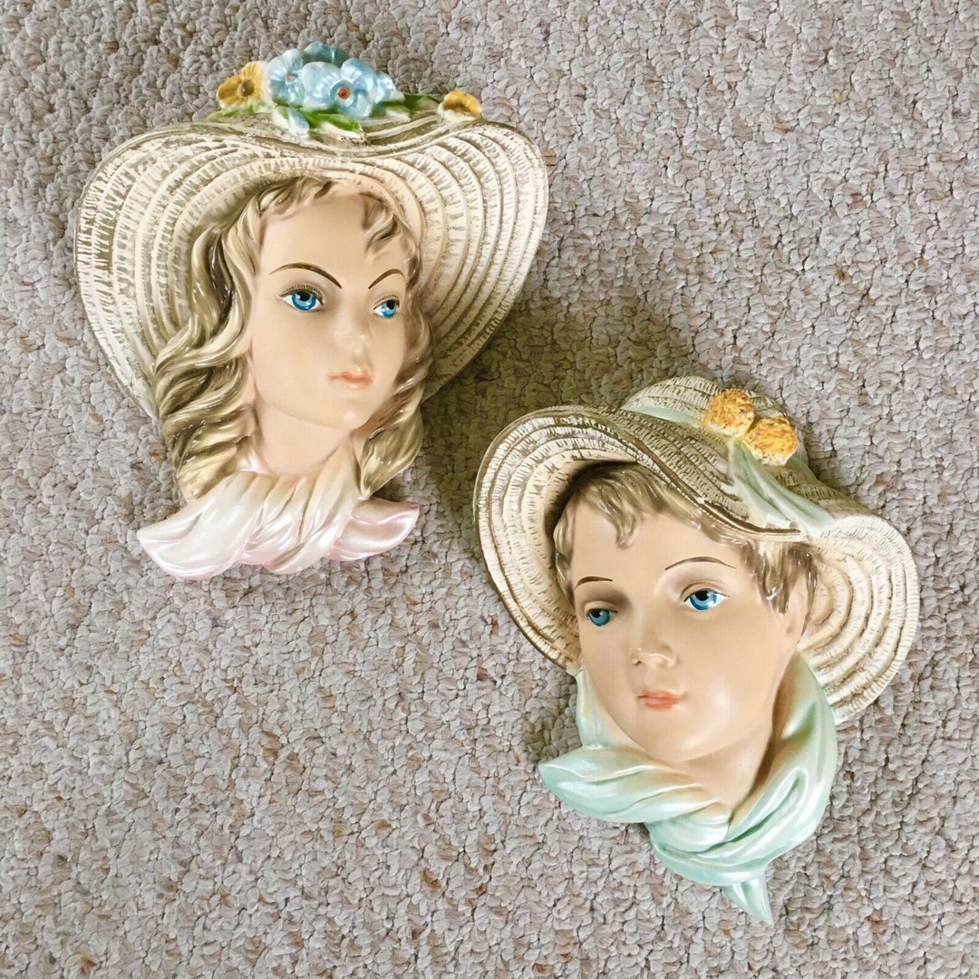 Set of 2 Vintage Plaster Chalkware Boy and Girl in Straw Hats - Wall ...