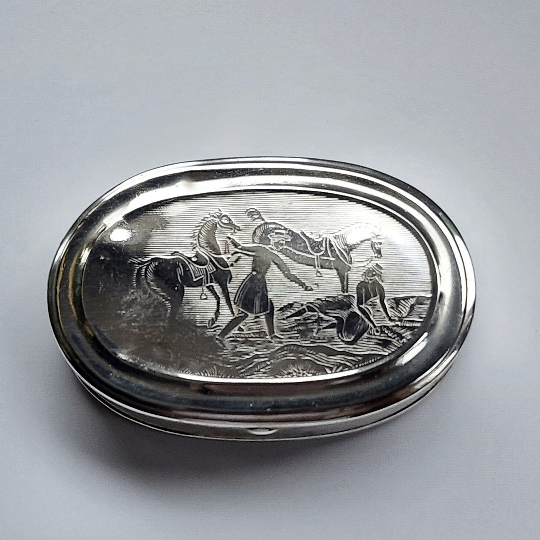Antique 1860 Engraved Snuff Box by C. Parker Co. Silverplate Over Tin ...