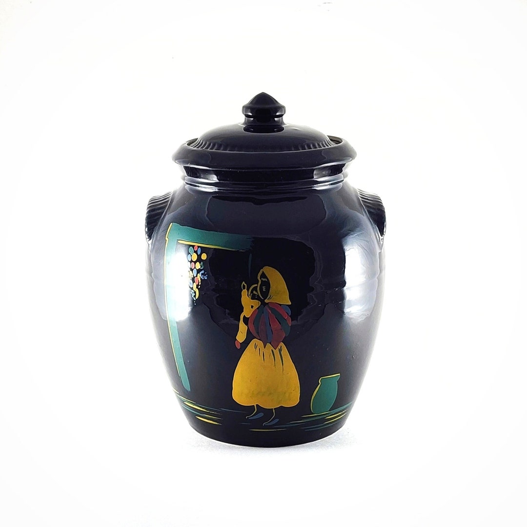Black Glaze Hand Painted Stoneware Jar Woman and Child Depiction - Etsy