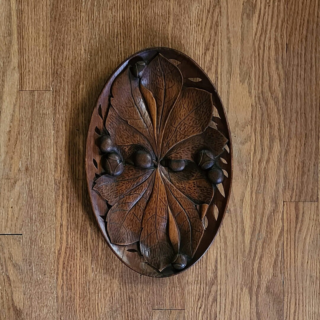 1937 Carved Wood Wall Decor Leaves Chestnuts Autumnal Signed Dated 15 ...