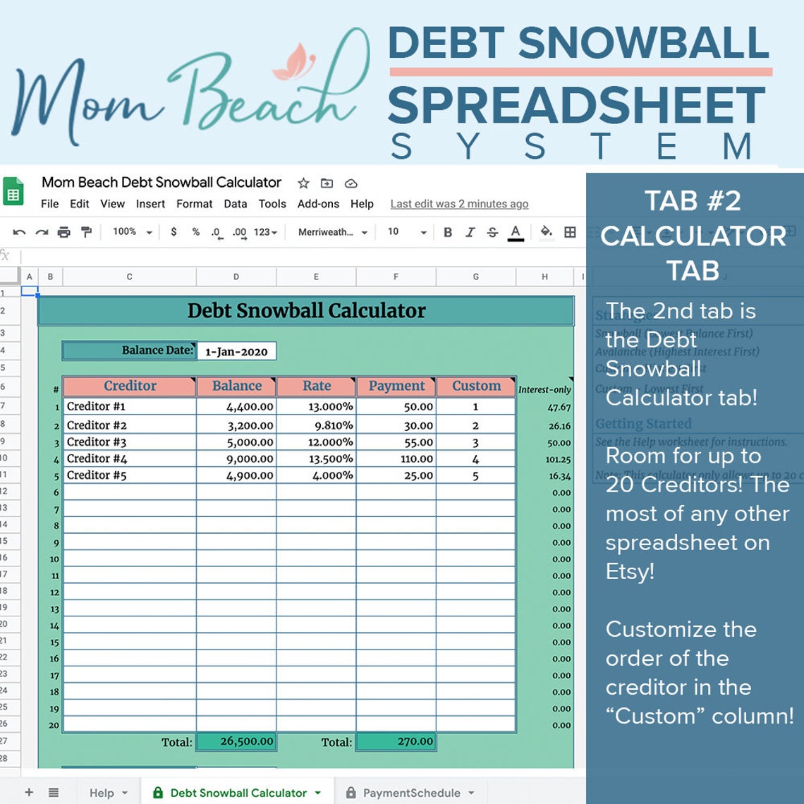 Debt Snowball Calculator Spreadsheet Google Sheets Debt Etsy Canada