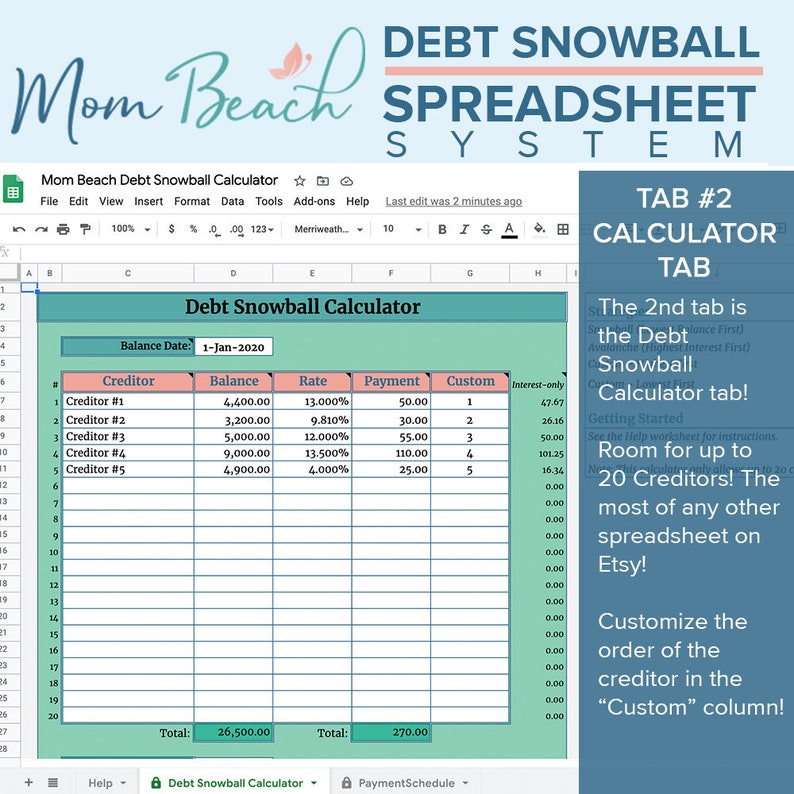 Debt Snowball Calculator Spreadsheet Google Sheets Debt Etsy