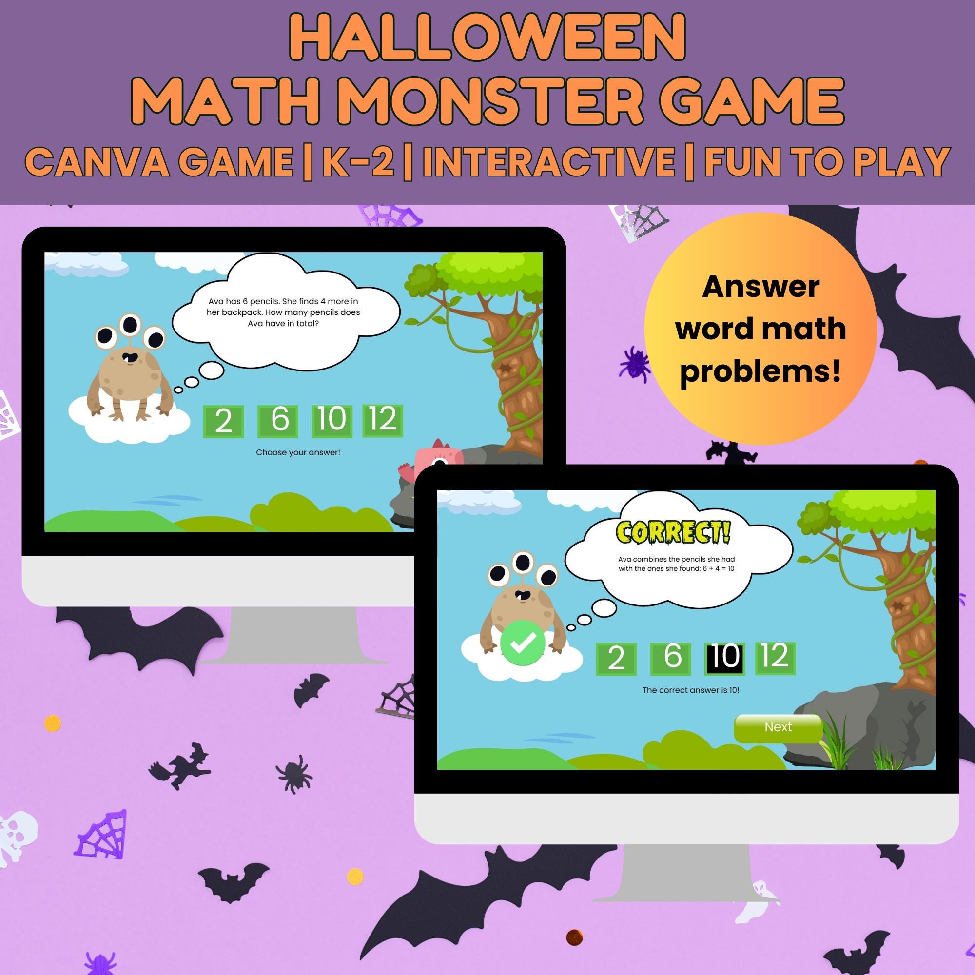 Halloween Monster Math Game | Canva Interactive Game | K-2 Educational ...