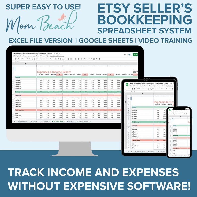 Etsy Seller's Bookkeeping Spreadsheet System - Google Sheets and Excel ...