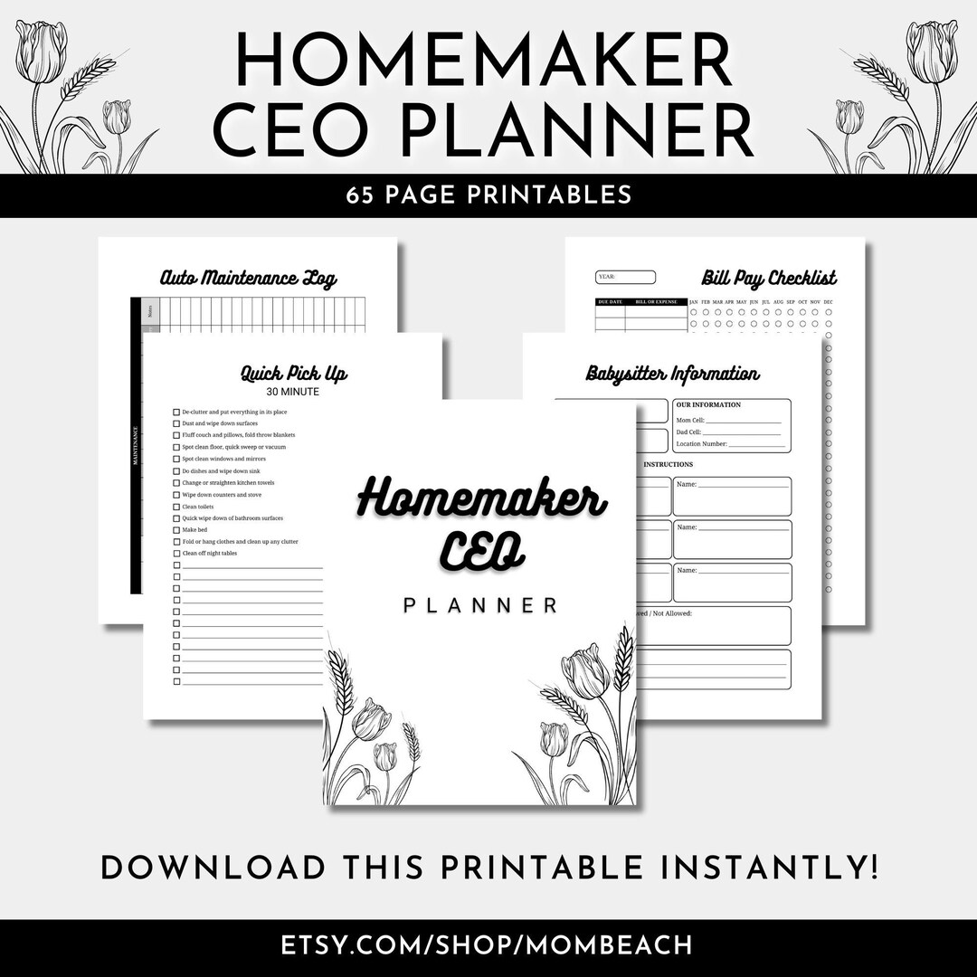 Homemaker CEO Planner Black and White | Mom Planner | Mom Recipe ...