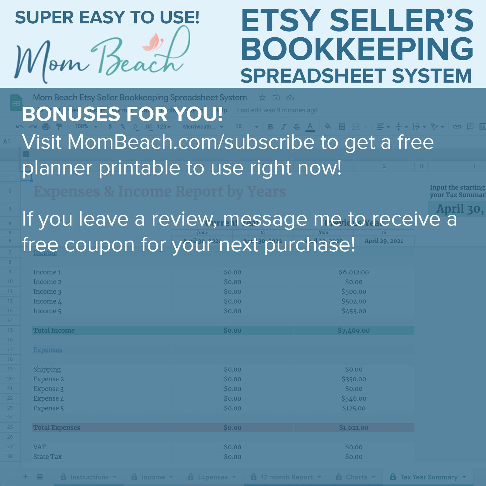 Etsy Seller's Bookkeeping Spreadsheet System - Google Sheets and Excel ...