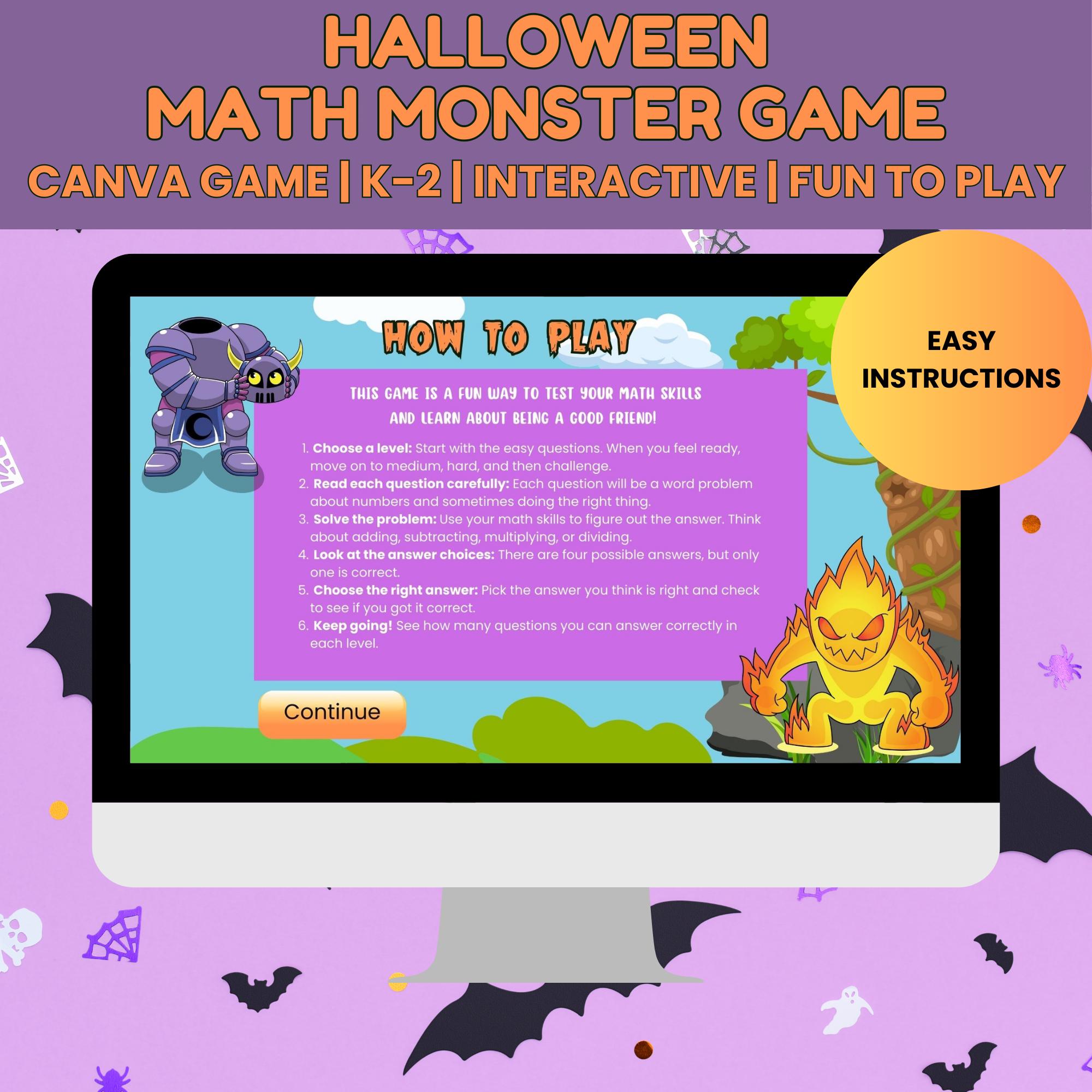 Halloween Monster Math Game | Canva Interactive Game | K-2 Educational ...