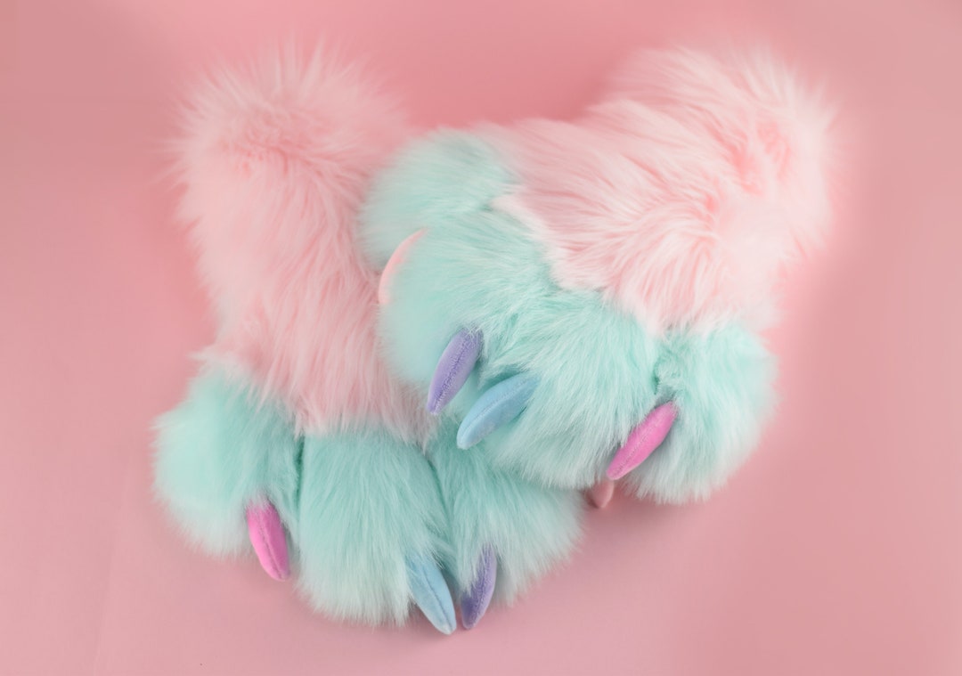 Faux Fur Puffy Paws With Soft Claws XXL Pastel Rainbow Colors Pink Blue ...
