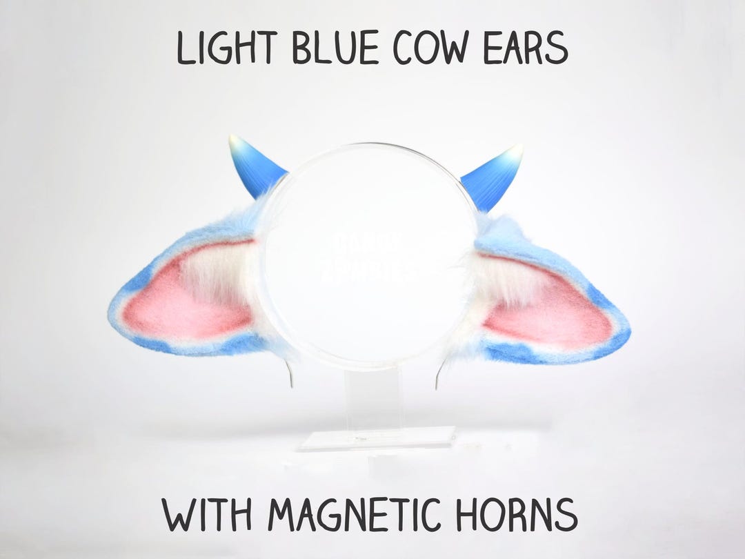 Faux Fur Cow Ears With Light Blue Spots and Magnetic Horns - Cosplay ...