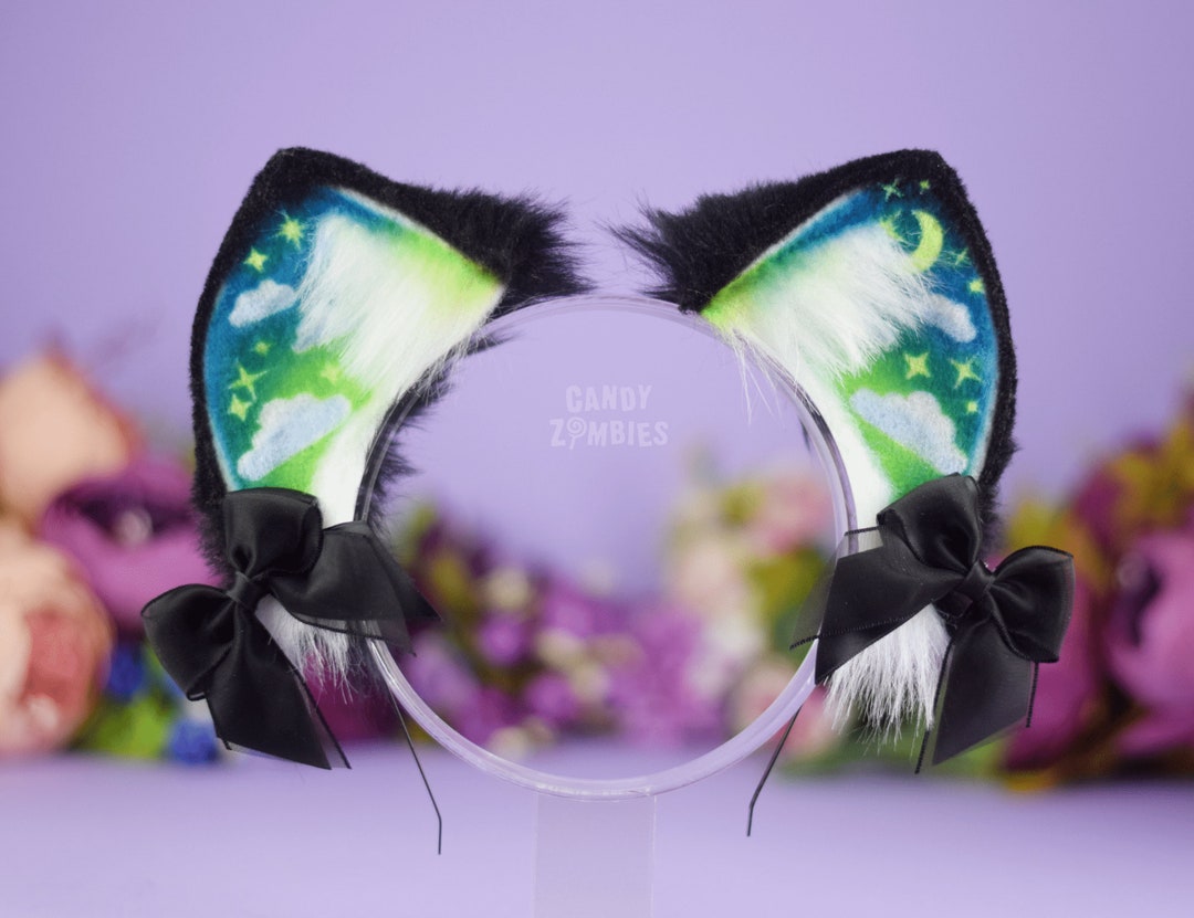 Faux Fur Kitten Ears on Headband in Black Blue Green With Stars Clouds ...