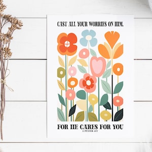 Cast All Your Worries on Him Retro Floral Christian Art Print ...