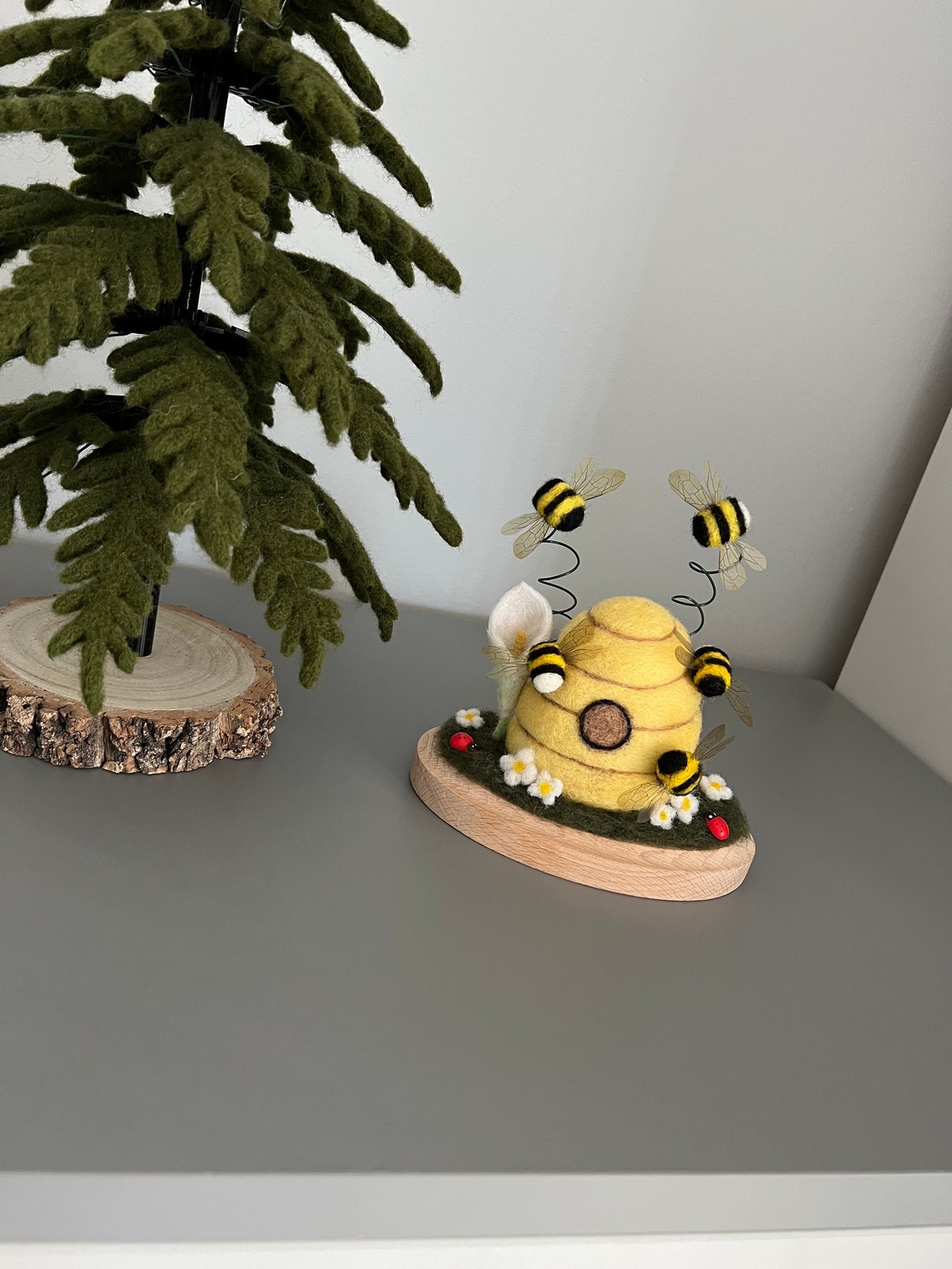 Needle Felted Bee Hive Garden Table Top Display Bumble Bee | Etsy
