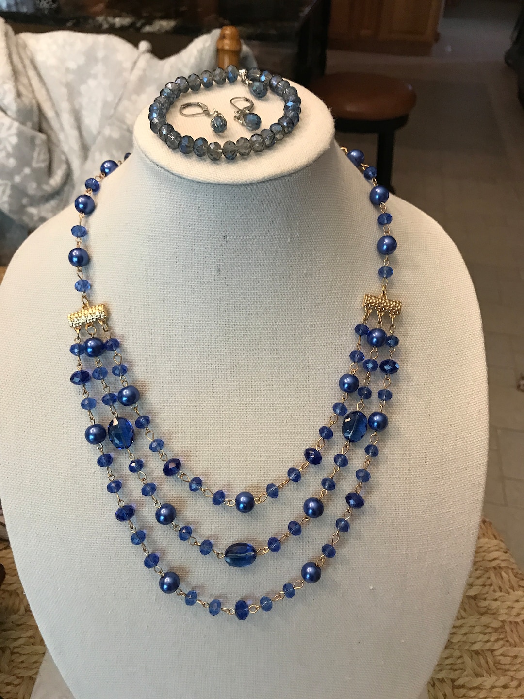 Blue Pearl and Blue Crystal Necklace Set L - Etsy
