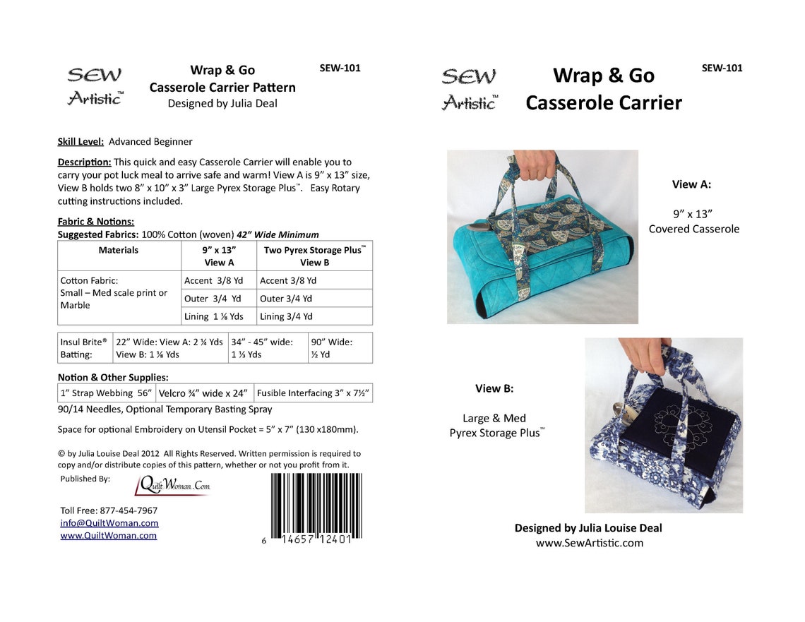Casserole Carrier Sewing Pattern: Insulated Wrap & Go Design (PDF ...