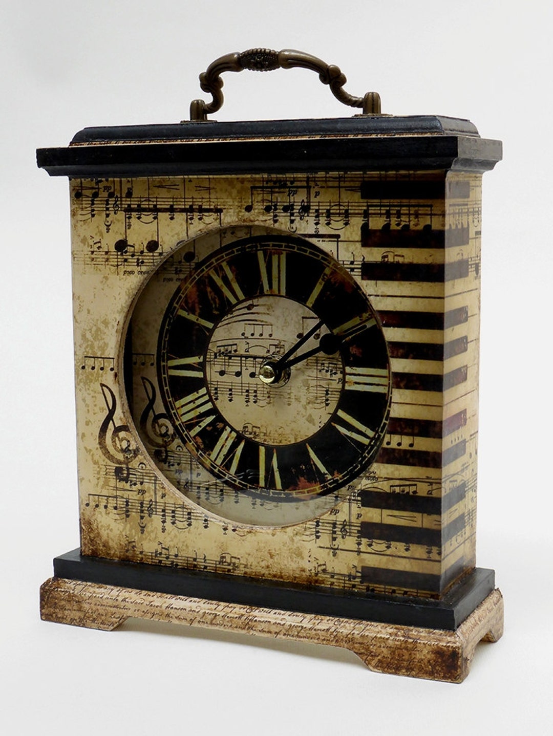Music Mantel Clock, Decorated & Decoupaged With Music Notes, Piano Keys ...