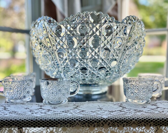 13 PC Vintage Punch Bowl Set, “daisy and Button”, Bowl + 12 Cups, L.E ...