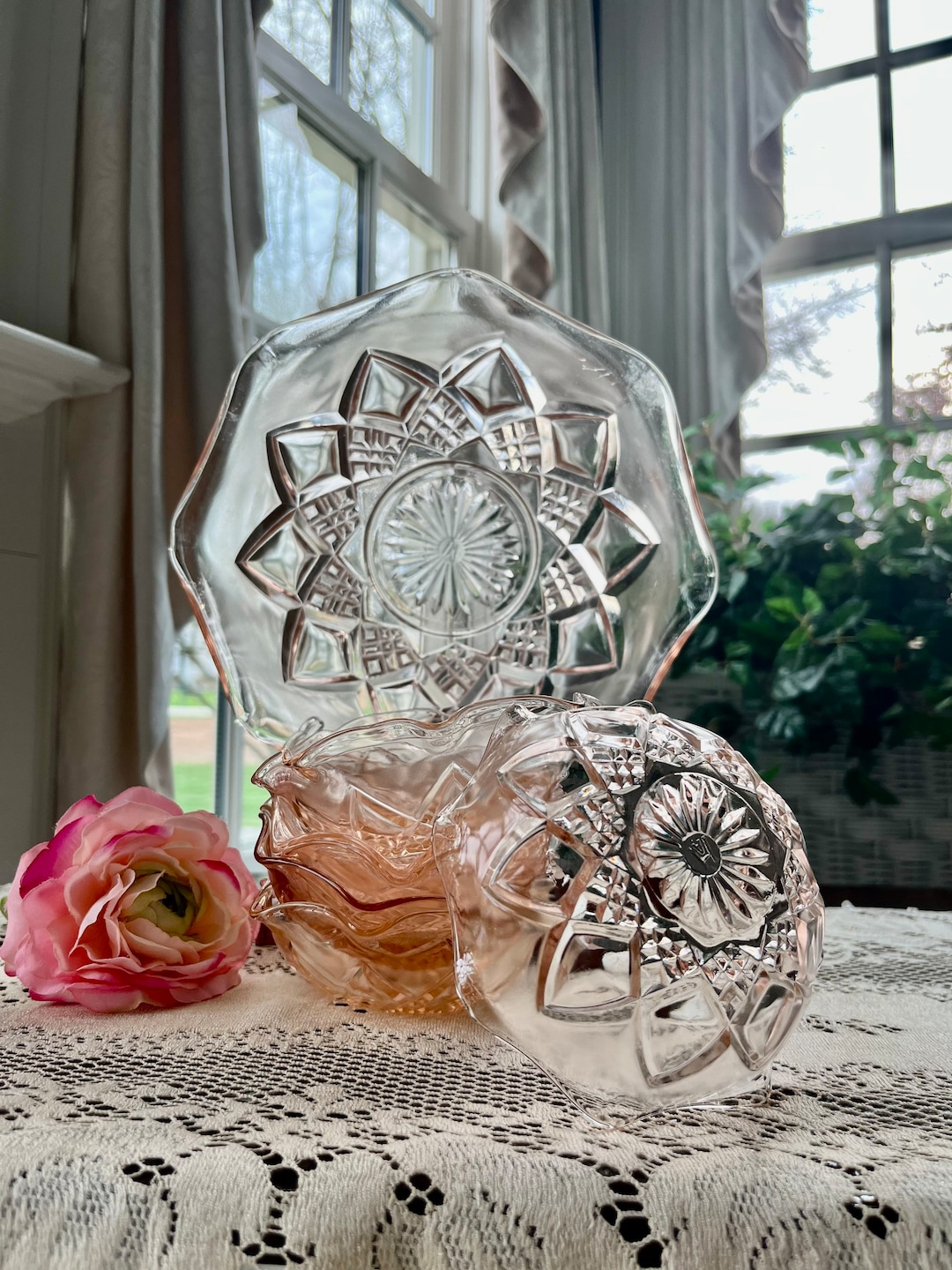 7 Pc. Pink Depression Bowl Set, Diamond Arches or Fancy Crimped by ...