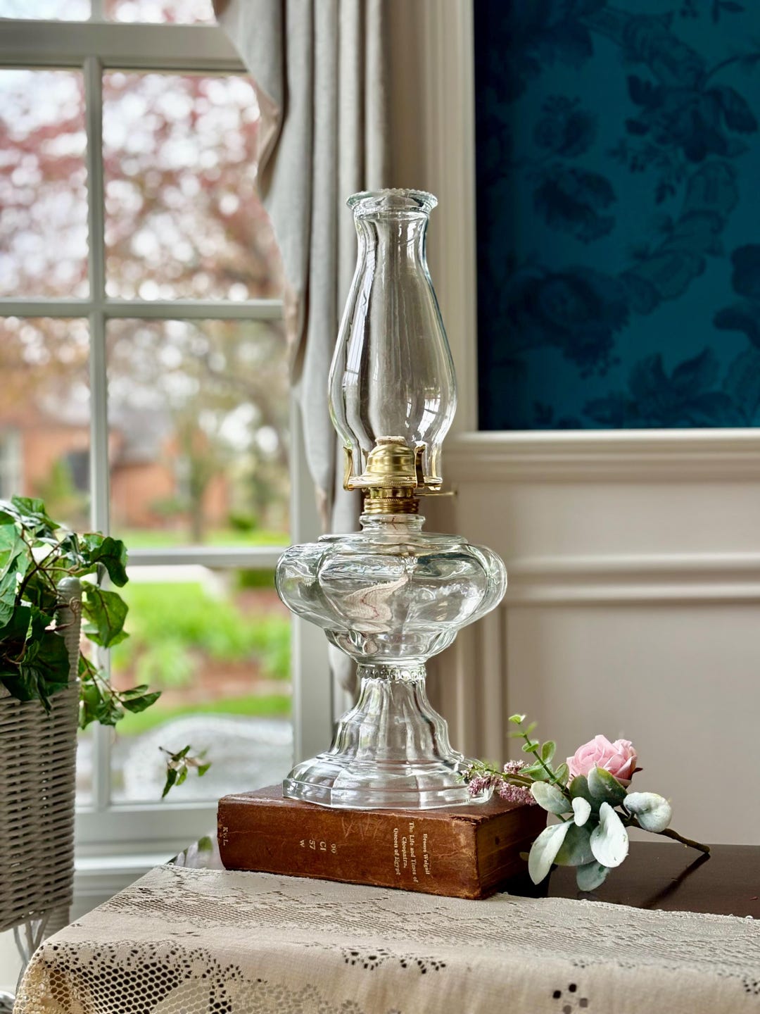 Antique EAPG Glass Oil Lamp, Octagon Beaded Design, 17.5" Tall - Etsy