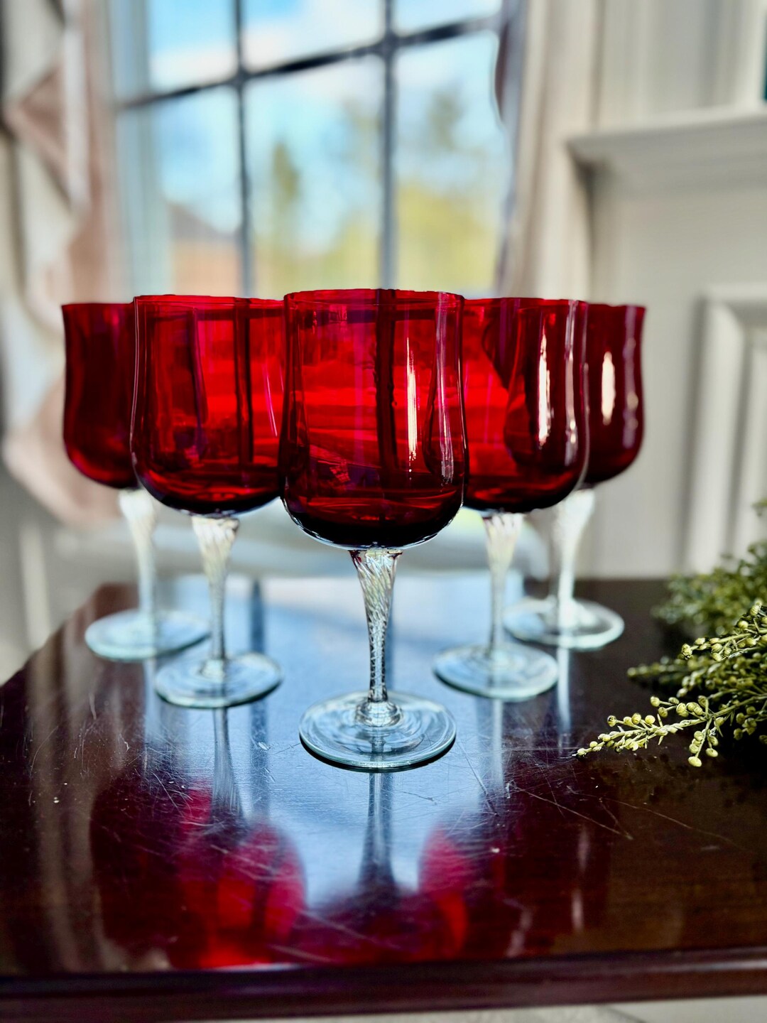 Vintage Ruby Red Wine Glasses: Set of 5 Blown Glass Goblets With ...