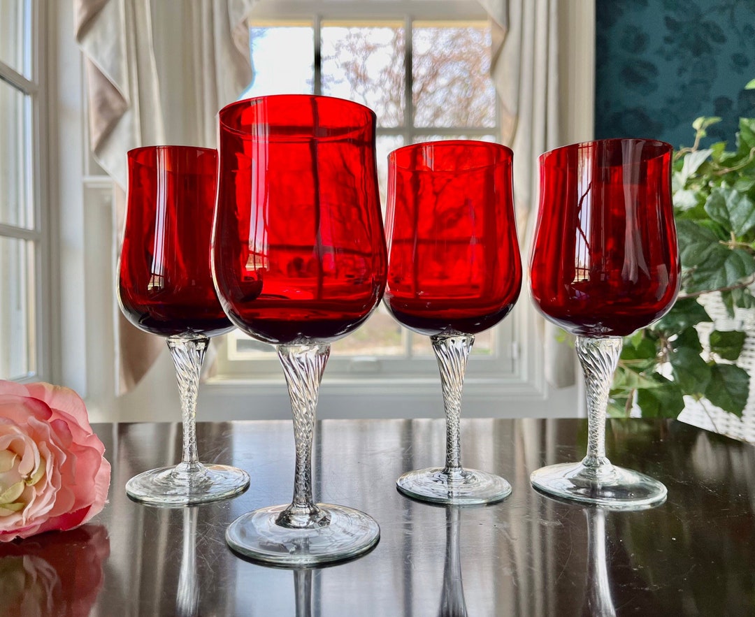 4 Vintage Ruby Red Wine Glasses Water Goblets With Crystal Etsy