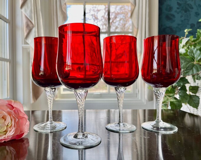 4 Vintage Ruby Red Wine Glasses Water Goblets With Crystal Twisted