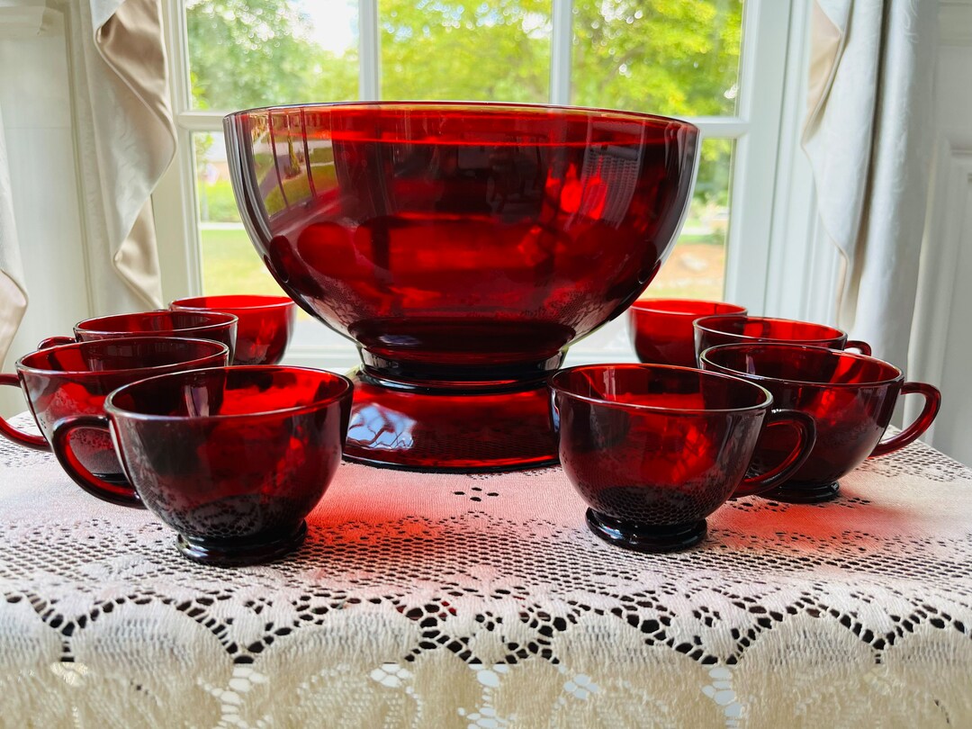 14 PC Anchor Hocking Red Glass Party Punch Set, RETRO Vintage Royal ...