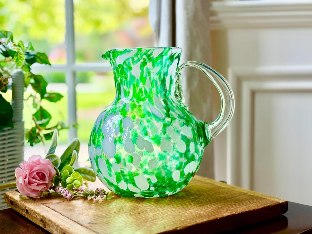 Green and White Murano Style Pitcher, Confetti Amici Blown Glass, Water ...