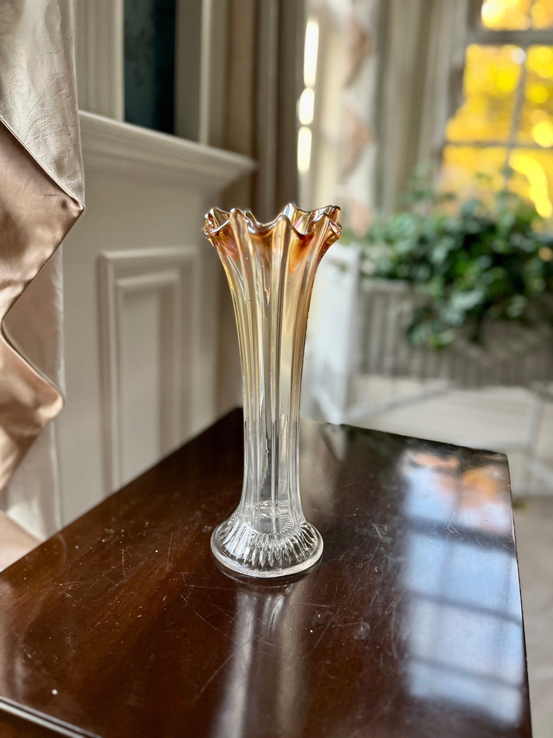 Vintage Stretch Swung Glass Vase, Clear Ribbed Tipped in Ombré Marigold ...