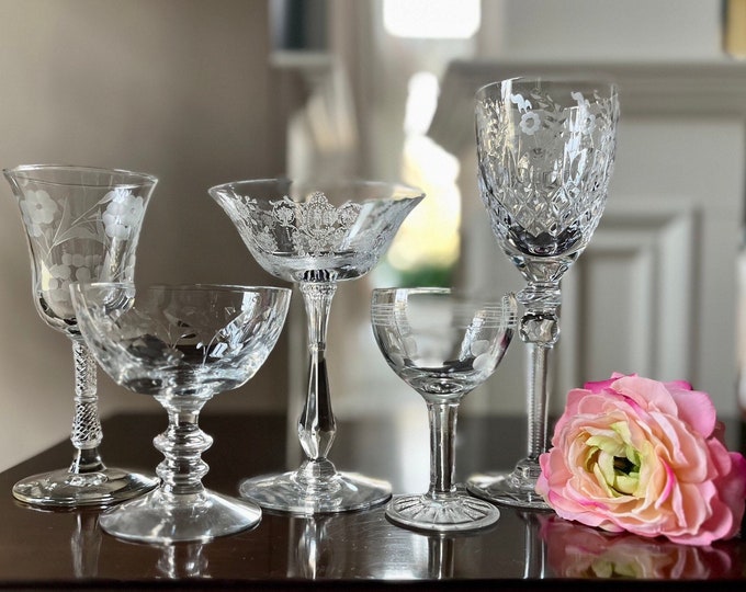 5 PC Vintage Mismatched Etched & Cut Crystal Barware, Cocktail ...