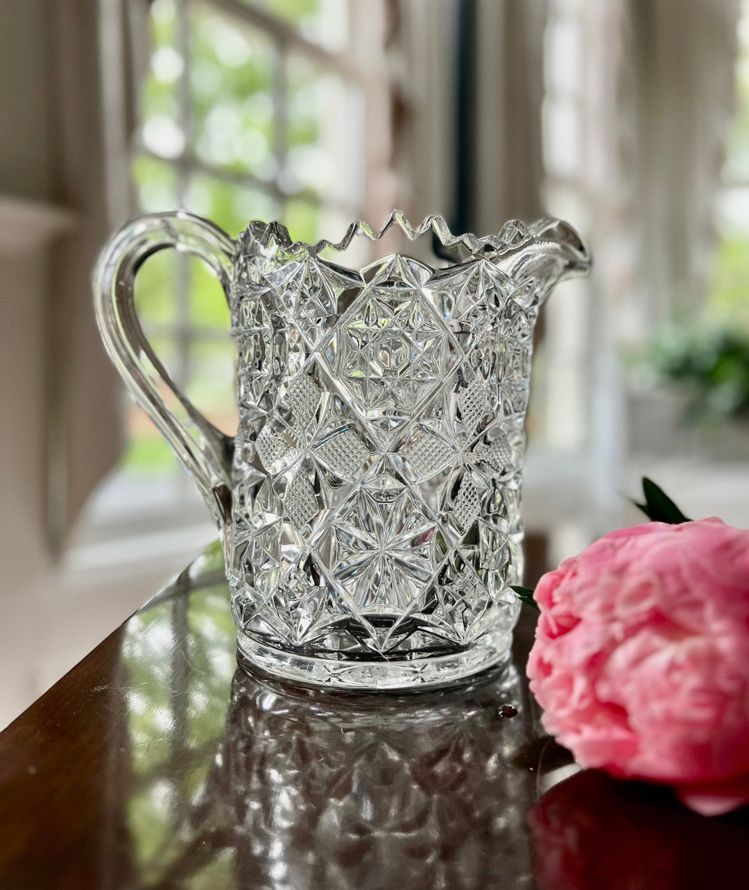 Antique Fostoria Rosby Pitcher, Crystal Hobstar #1704, Heavy EAPG Water ...