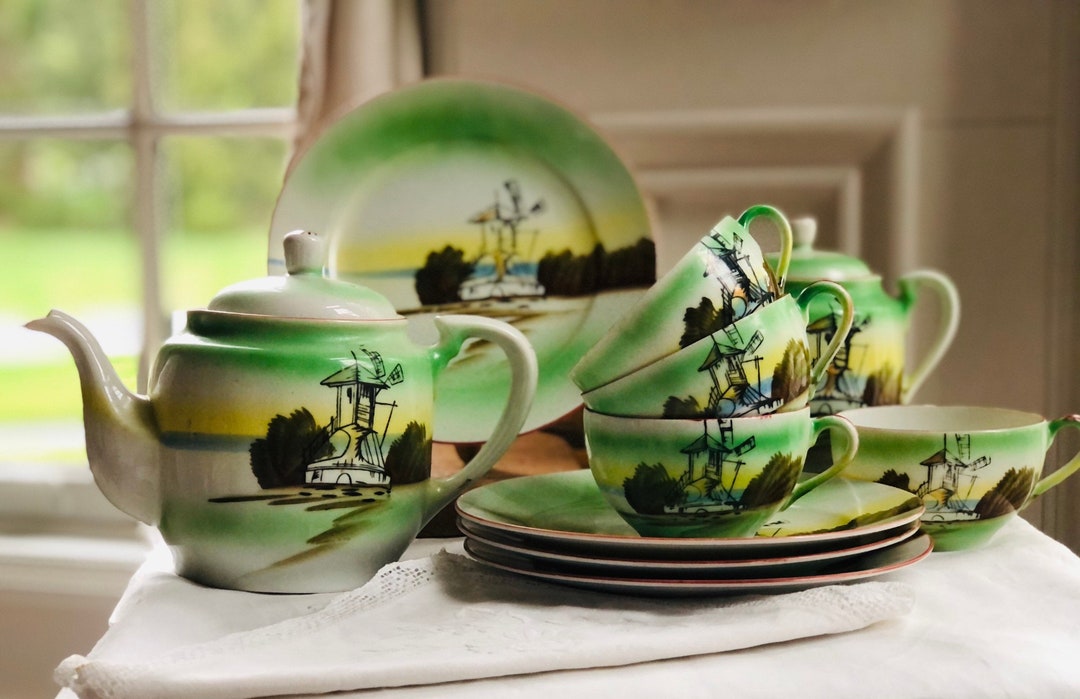 Vintage 16 PC Japanese Tea Set, Delicate Porcelain Windmill Scene, Tea ...