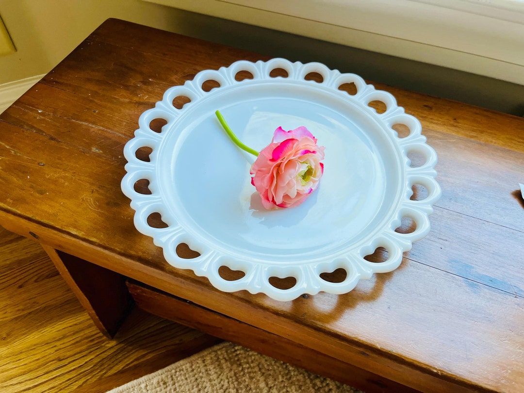 Vintage Milk Glass 13” Torte Plate, Heart Lace Edge, Anchor Hocking Old ...