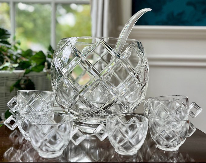 1960s Colony Diamond Block Punch Bowl Set, 13 Piece Mid-century Glass ...