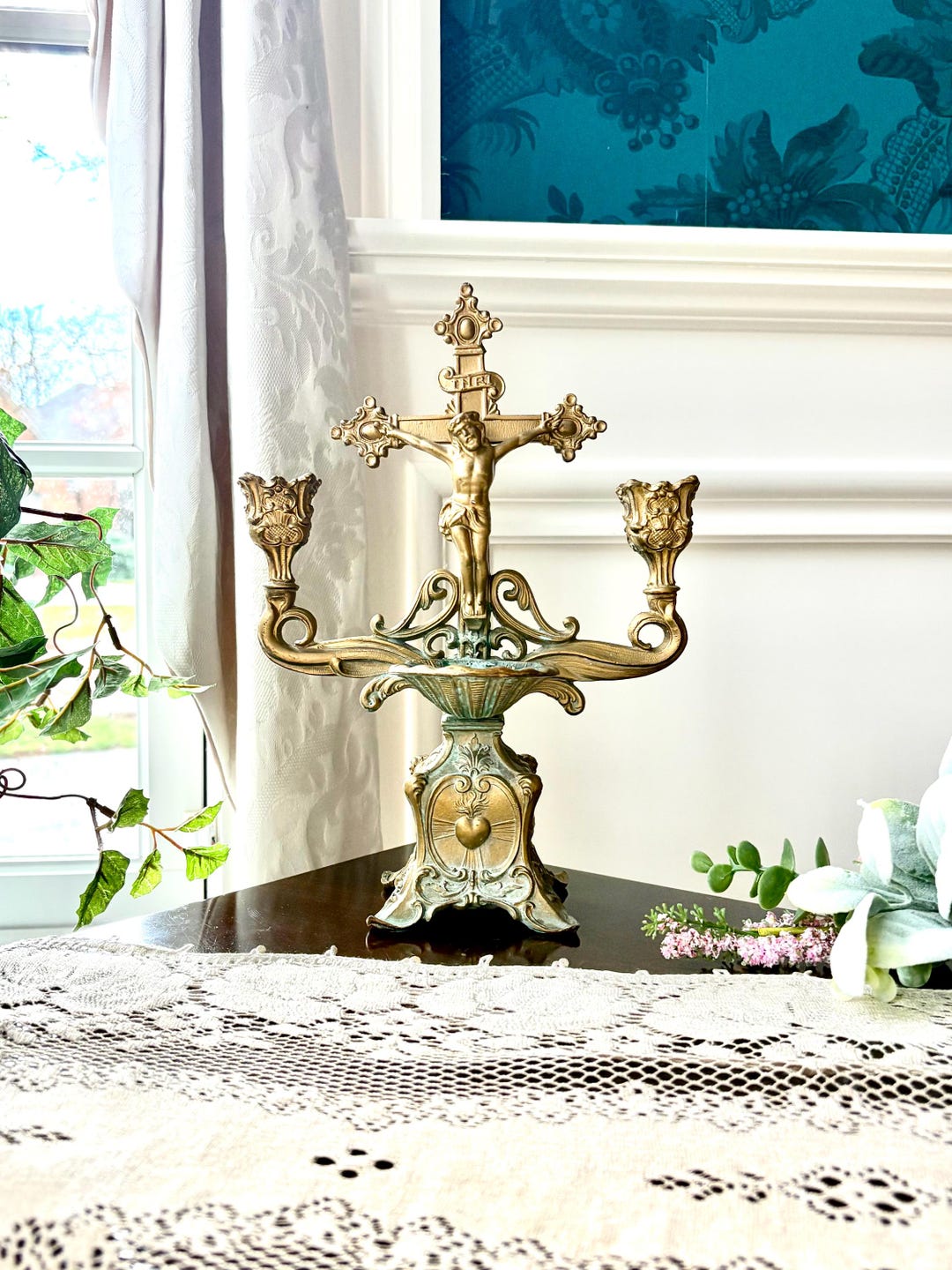 Antique Altar Crucifix Cross With Holy Water Font, Candelabra, Brass ...