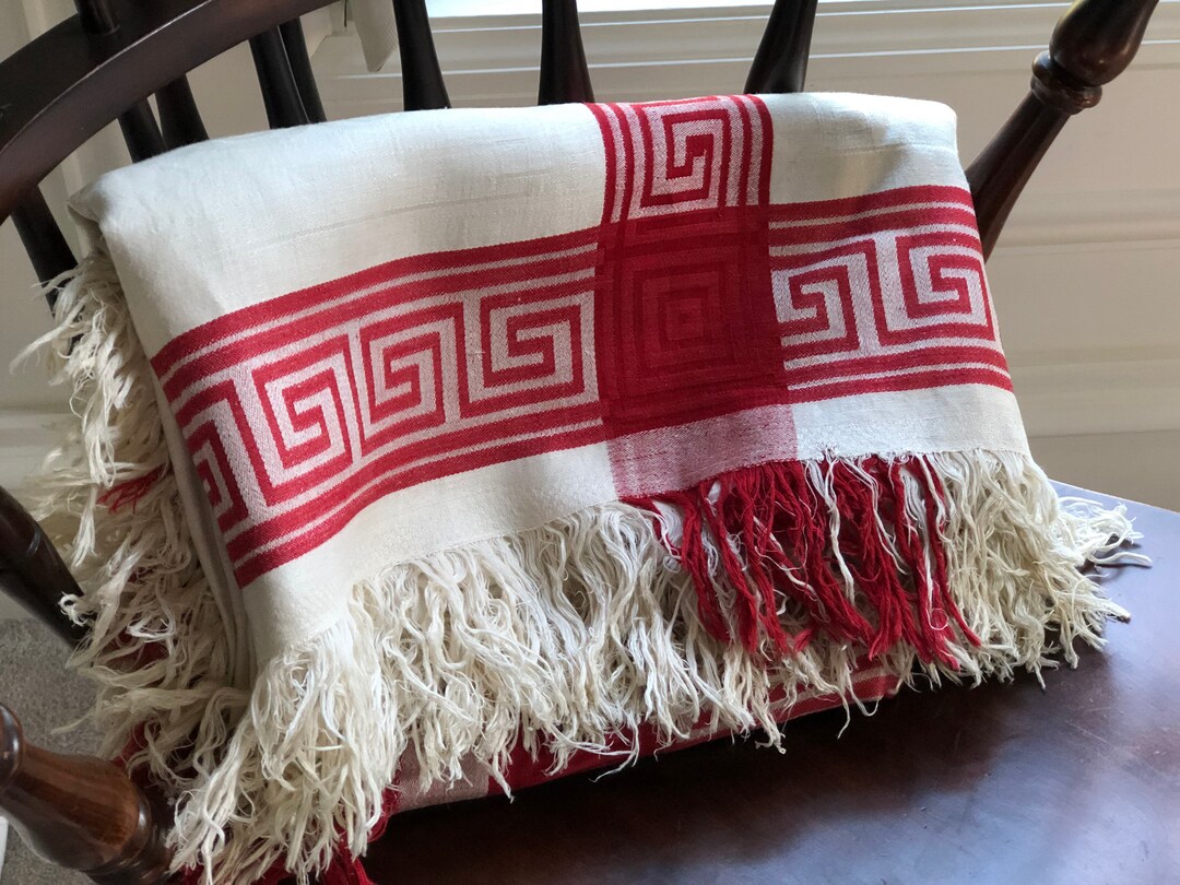 Vintage Damask Linen Tablecloth: Red Greek Key Fringed Farmhouse Table ...