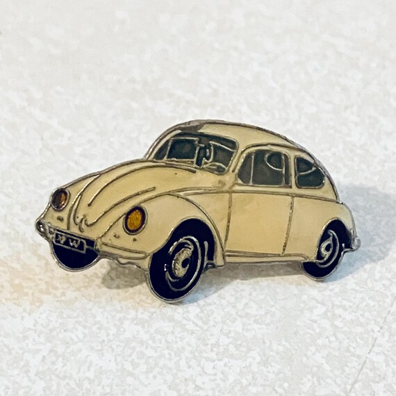 Vintage White VW BEETLE Bug Automobile Lapel Pin, Ena… - Gem