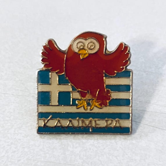 Vintage KALIMERA Greek Flag Lapel Pin, Enamel Pin, Pi… - Gem