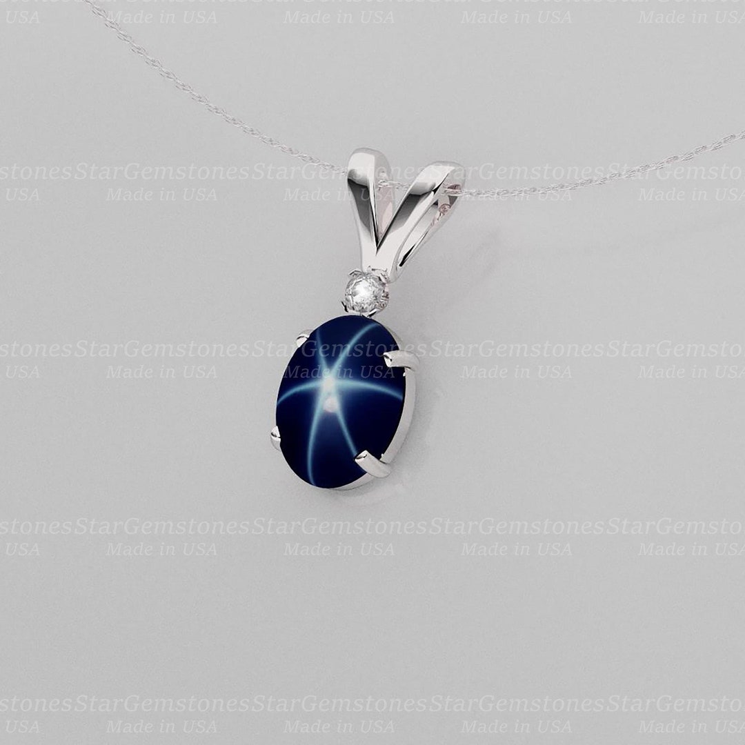Genuine Blue Star Sapphire Necklace – 925 Sterling Silver With White ...
