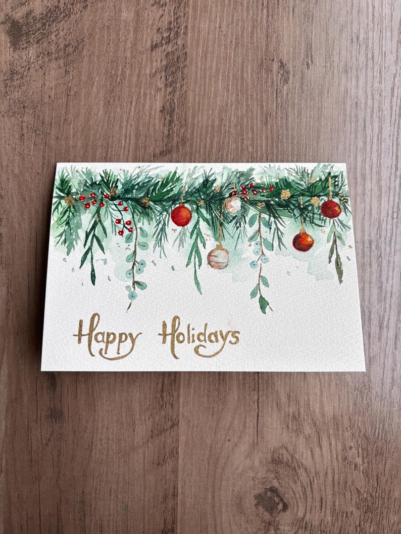 Handpainted Watercolor Christmas Card/evergreen With Hanging Boules - Etsy