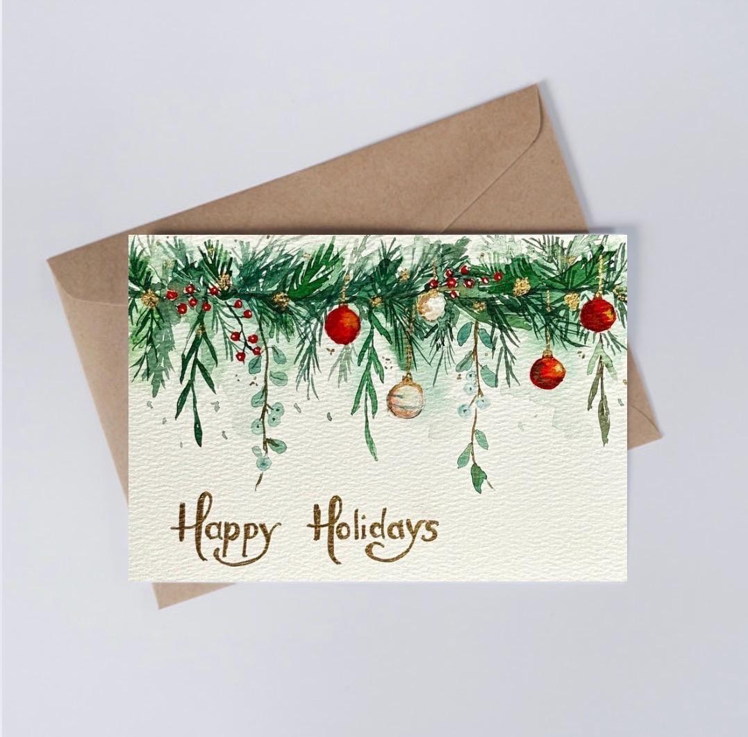 Handpainted Watercolor Christmas Card/evergreen With Hanging Boules - Etsy